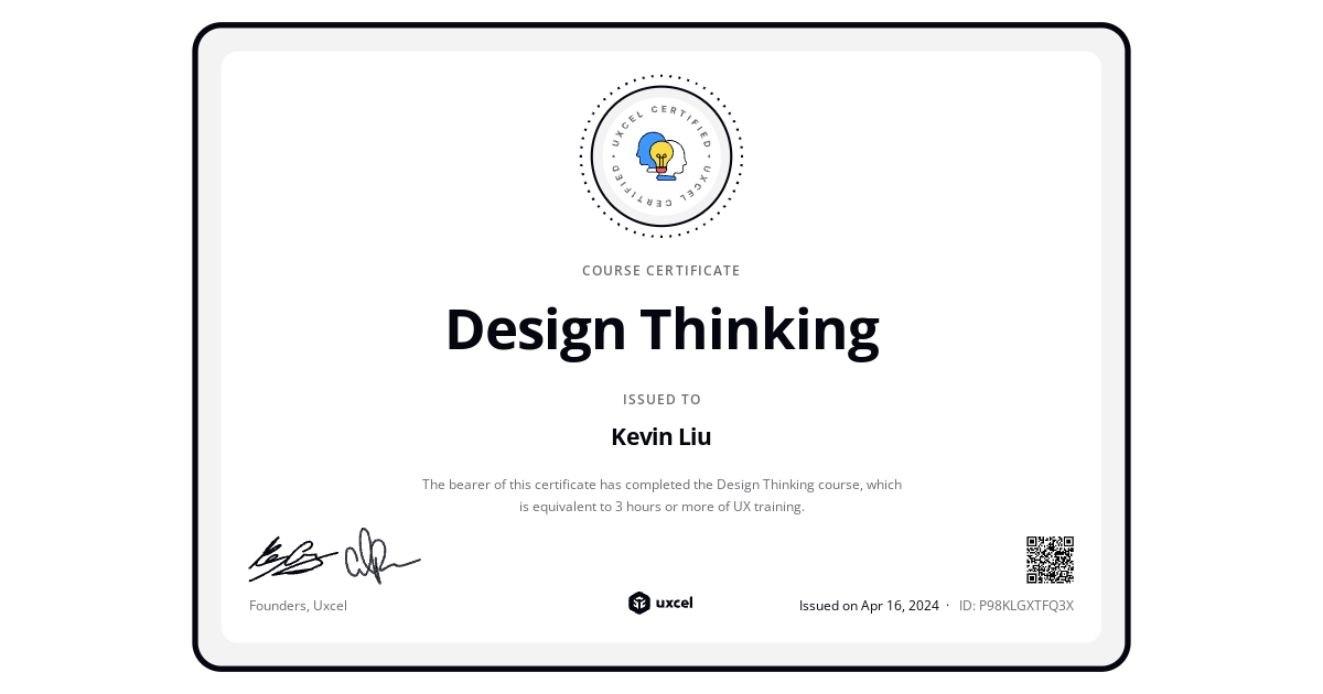 Certificate of completion for Design Thinking | Uxcel
